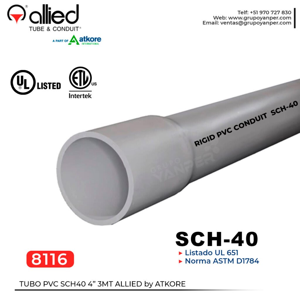 TUBO PVC SCH-40 4" 3MT UL651 ALLIED 8116 - Grupo Yanper
